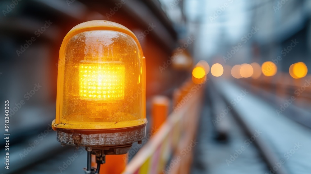 An orange alert light is fixed on its stand on a construction site, with a blurred background ...