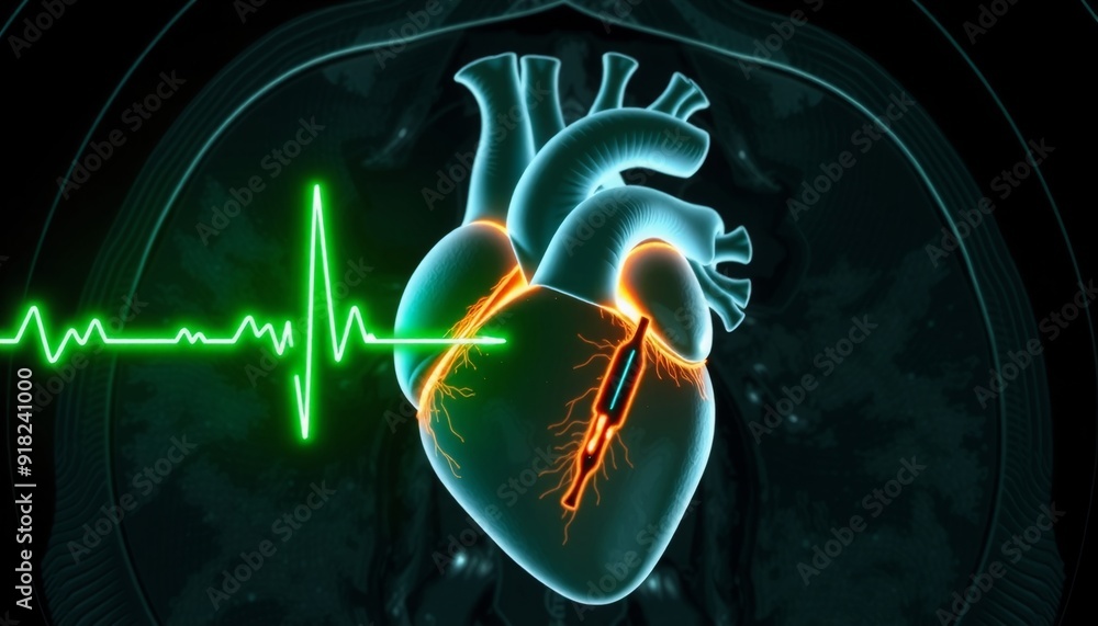 hyper-realistic CT scan of a heart central focus detailed anatomy green ...