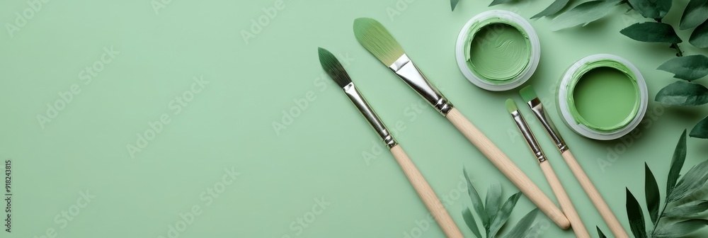 Green Paint Brushes and Pots on Green Background - Creative DIY Art ...