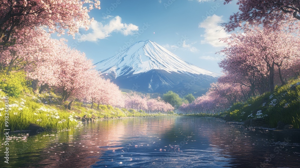 Majestic Mount Fuji with Cherry Blossoms and Serene River - A ...