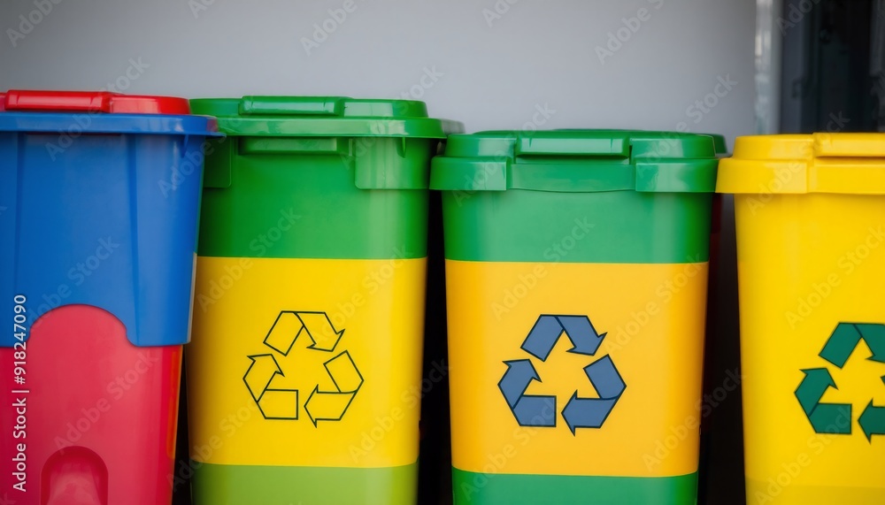 color-coded recycling bins red blue green and yellow aligned side by ...