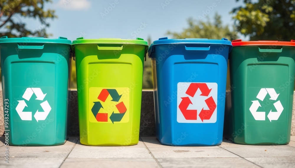a set of four recycling bins color-coded and marked with recycling ...