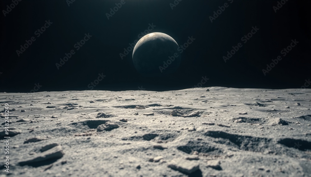 cratered moon surface with earth in the sky above light mode showing ...