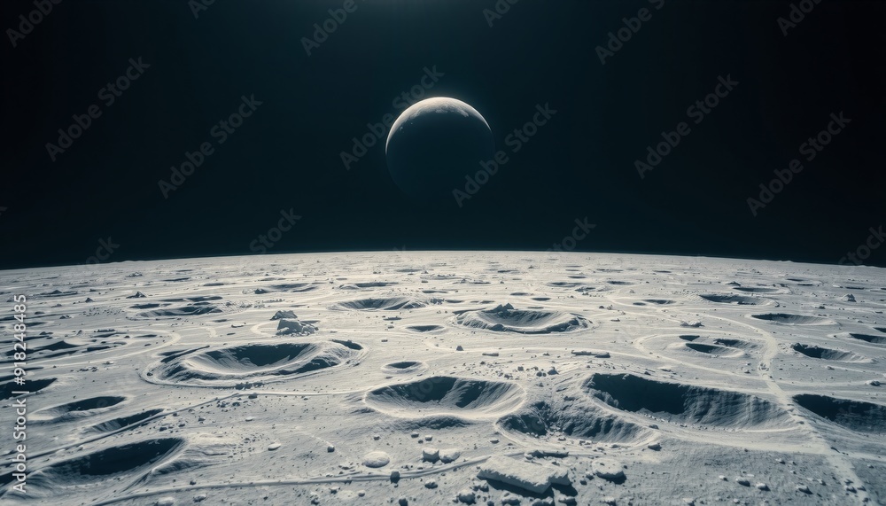 expansive moon terrain with deep craters earth visible above light mode ...