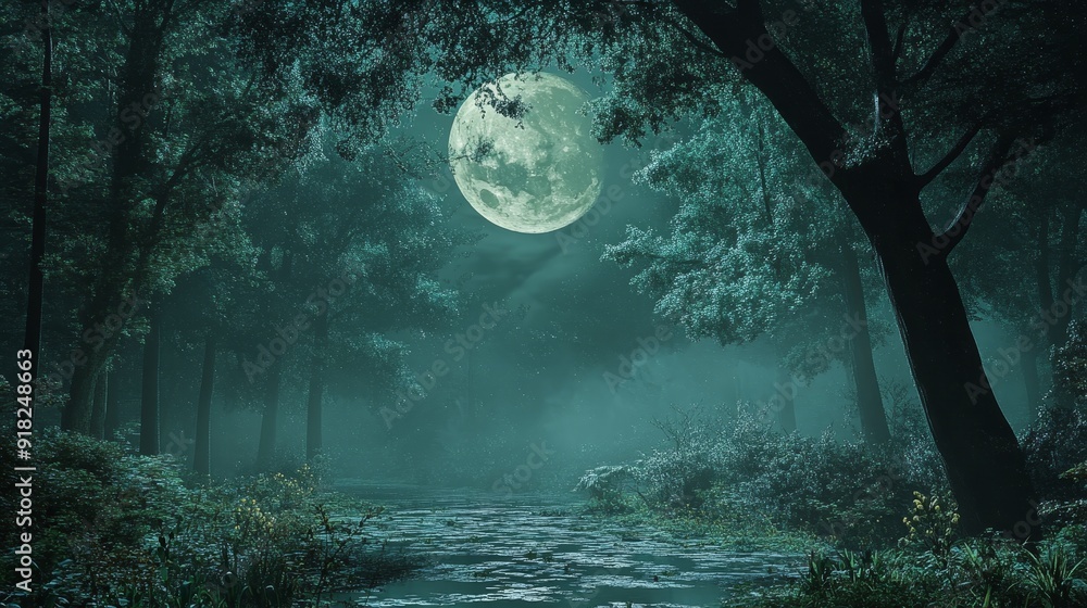 Mystical Moonlight Forest Path - A serene moonlight illuminates a ...