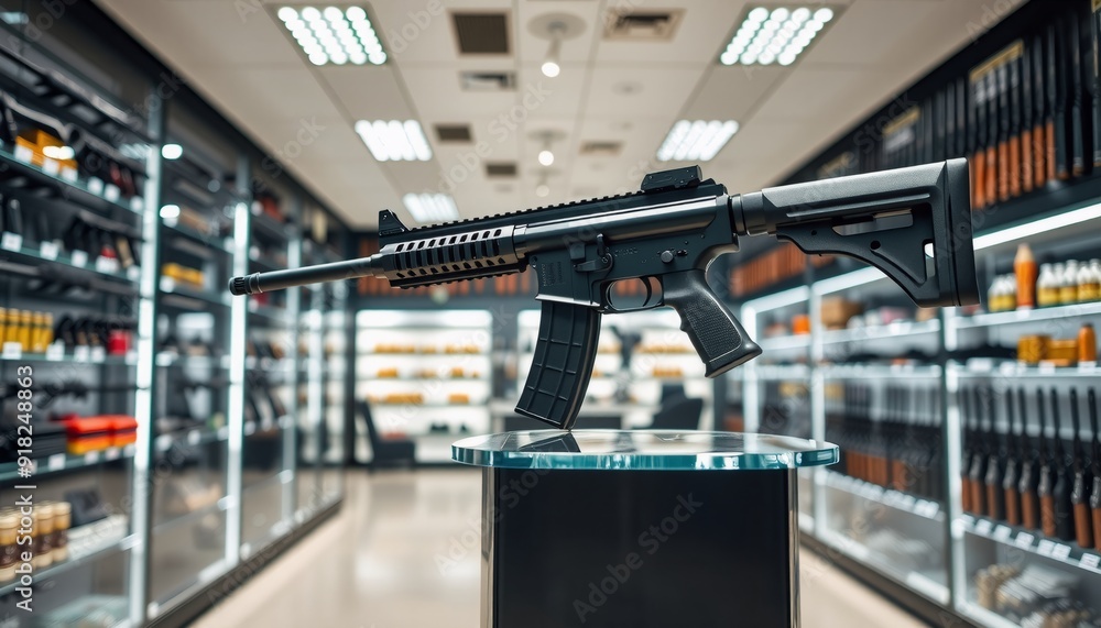 modern gun on a glass pedestal in a well-lit gun store clean lines and ...