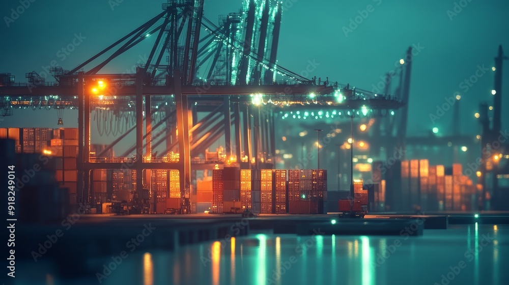 Nighttime Cargo Port with Illuminated Cranes and Containers - A ...