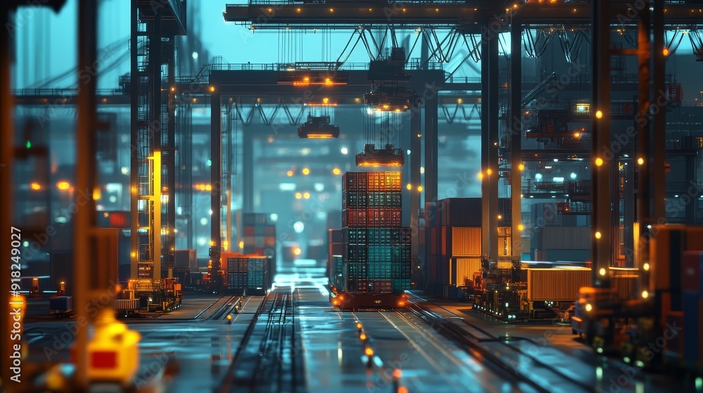Nighttime Cargo Port with Cranes and Containers - The image showcases a ...