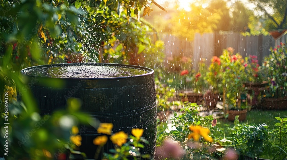 Generative AI, rainwater harvesting system in the garden with barrel ...