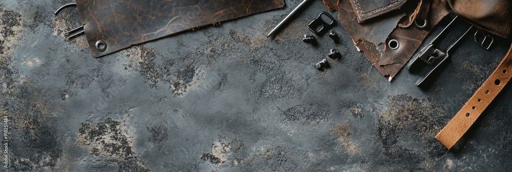 Rustic Leather Craft Background with Tools and Copy Space - A close-up ...