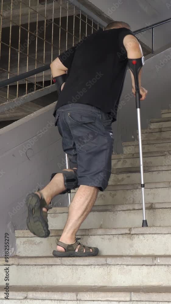 Mature man with bondage, medical splint, knee brace on the leg climbing ...
