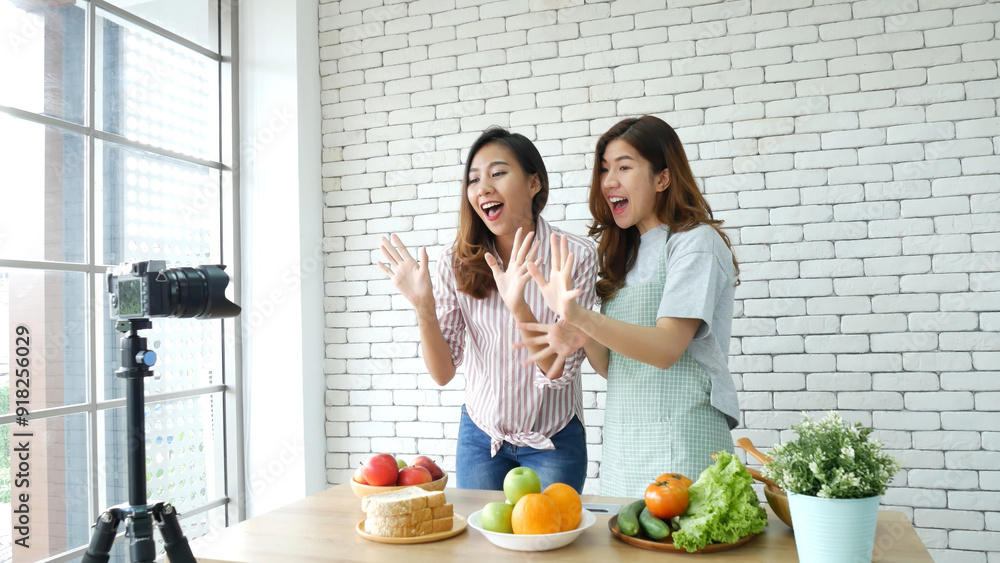 Asian influencer vlogger live review healthy eating lifestyle. Two ...