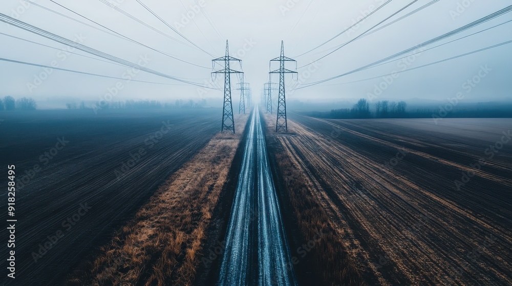 This image displays a vast rural landscape with two lines of high ...