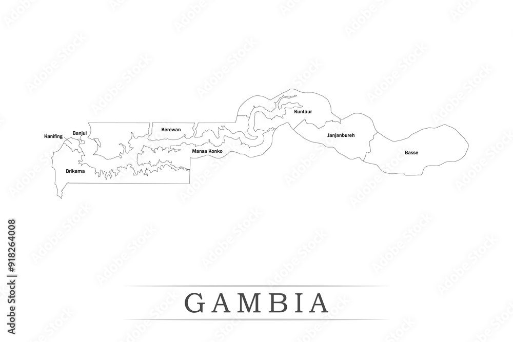 Administrative regions of Gambia. Province, state, division name with ...