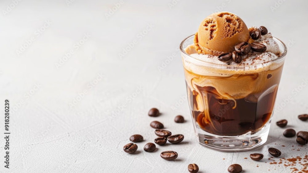 Glass of espresso ice cream float with coffee beans garnish, isolated ...