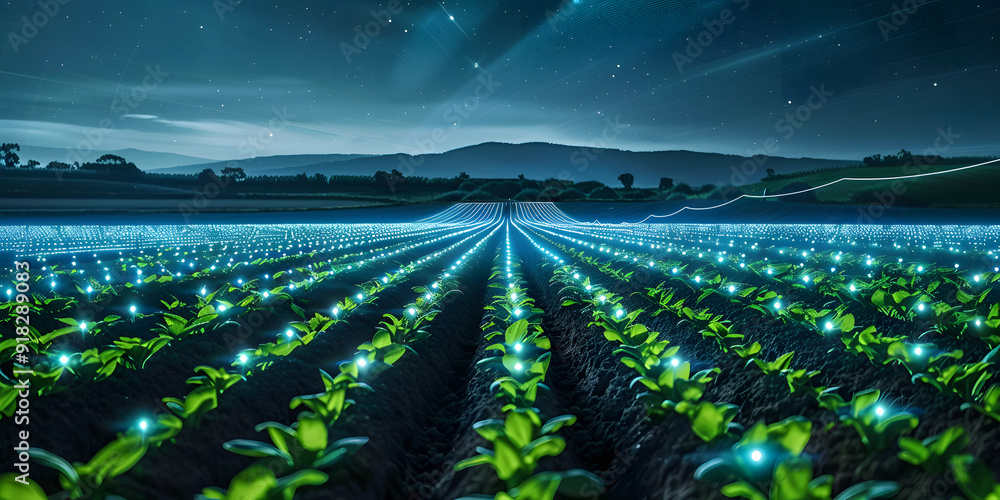 Foto de Nighttime view of smart farm with digital grid overlay ...
