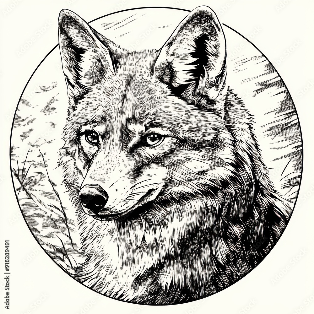 Black and white Vintage engraved art of a coyote in a circular stamp ...