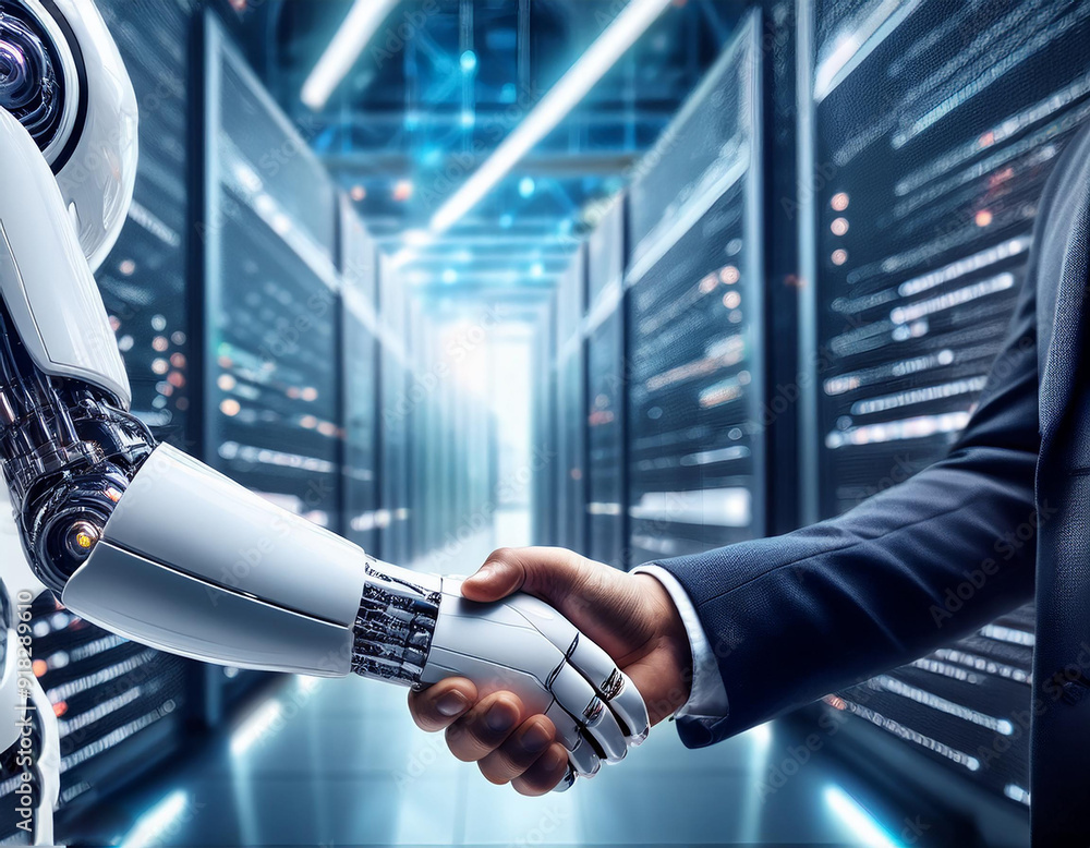 Putting hands together with the future of AI and human cooperation. Man ...