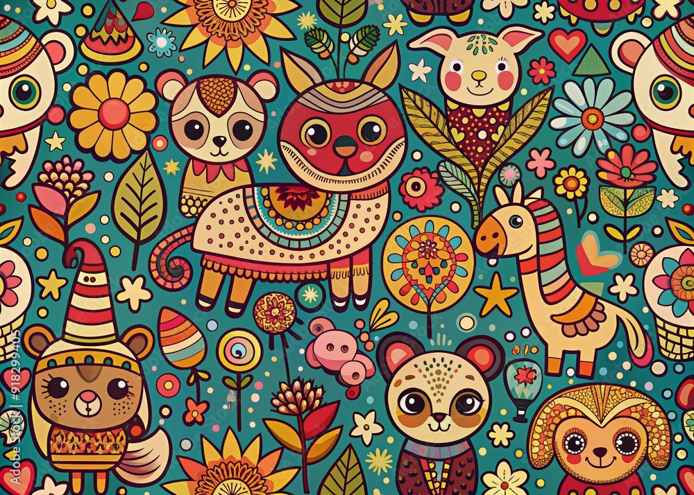 Colorful illustration featuring cartoon animals, funky patterns, and ...