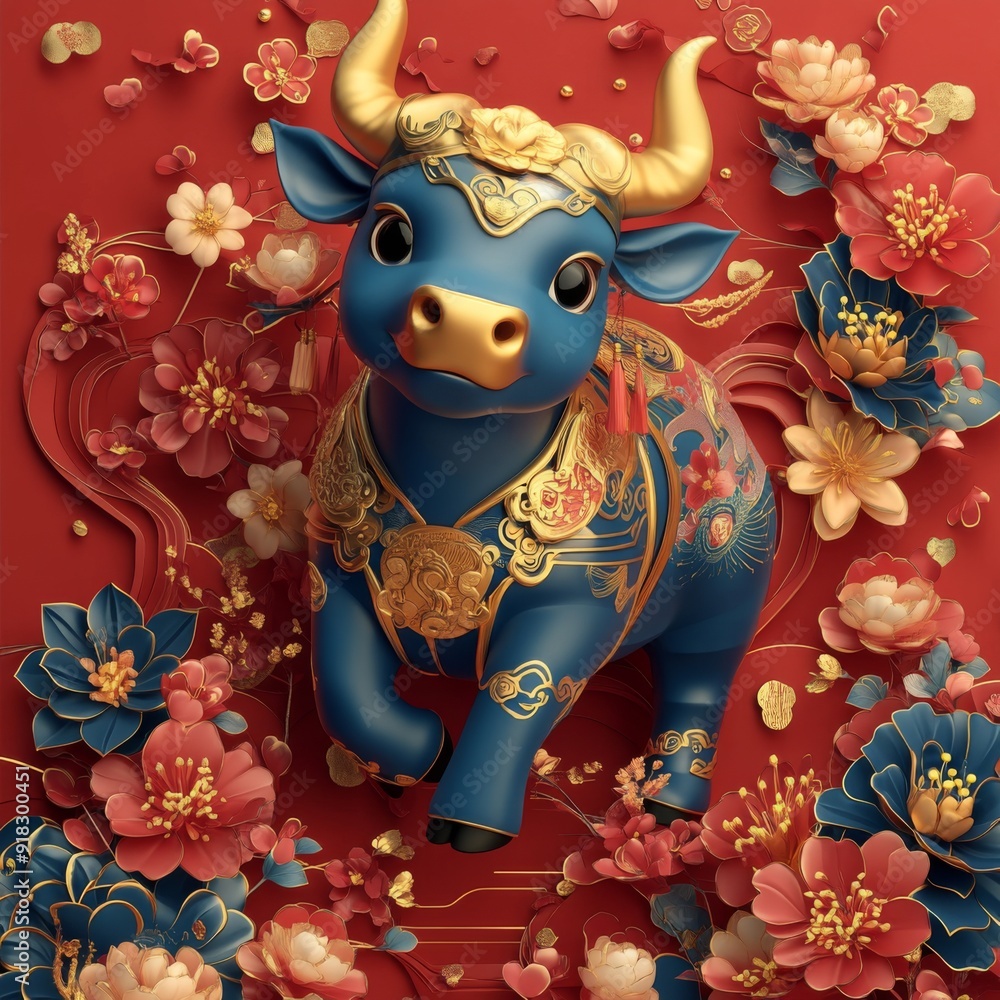 Chinese Zodiac Lively Blue Ox in 3D Art: A Minimalist Chinese-Inspired ...