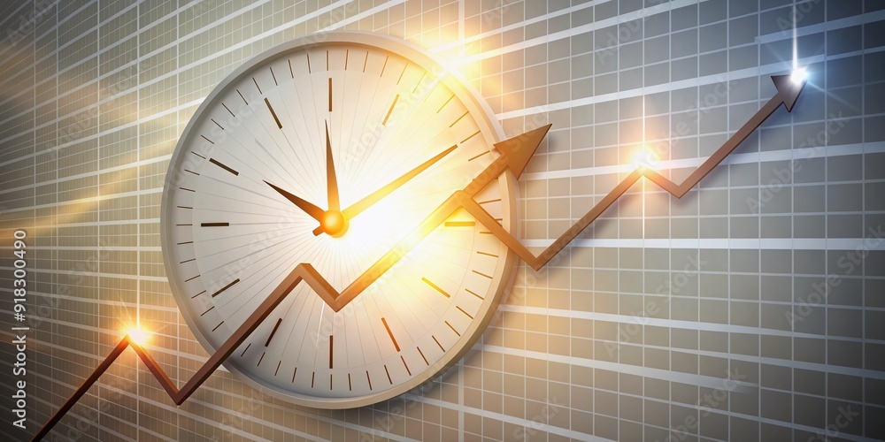 A modern clock face with glowing light rays symbolizing progression and ...