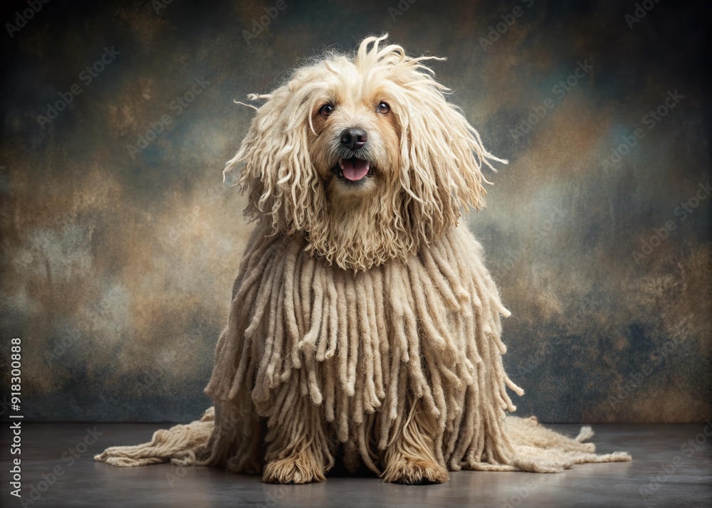 Adorable Puli dog with a stunning corded coat, its fur resembling a mop ...