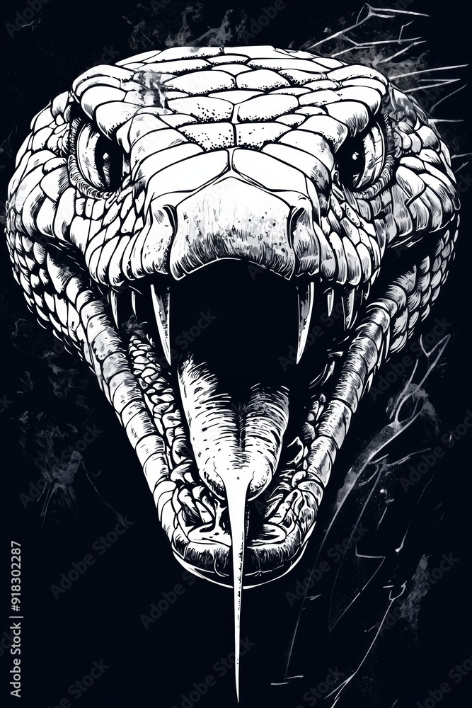 Venomous Snake Head Horror Art - White Ink Scales, Open Mouth Fangs ...
