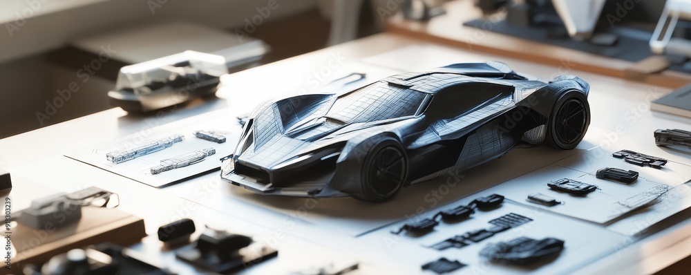 Sleek futuristic car model prototype displayed on a workbench with ...