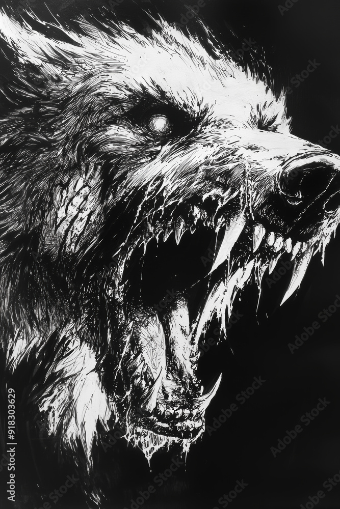 Horrific Snarling Dog Artwork: Twisted Expression, White Ink Detailed ...