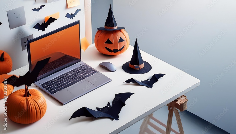 Minimalist office setting, Halloween decorations like paper bats, witch ...
