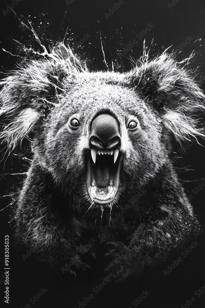 Terrifying Koala Art: Detailed White Ink Fur, Deranged Eyes, Open Mouth ...