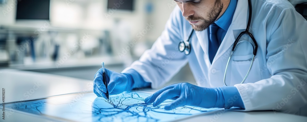 High-resolution image of a cardiologist analyzing a coronary angiogram ...