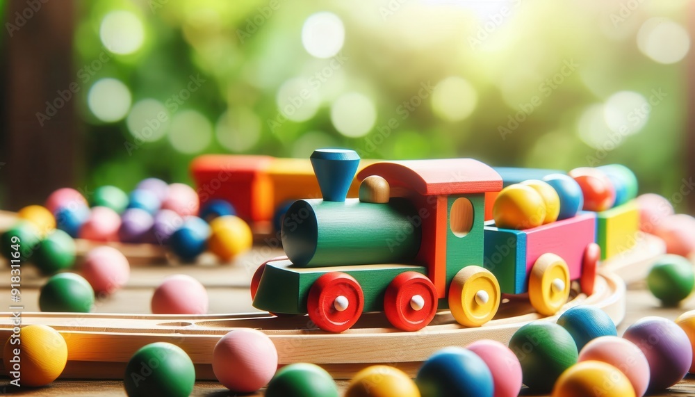 A charming wooden toy train with a wagon full of colorful balls on a ...