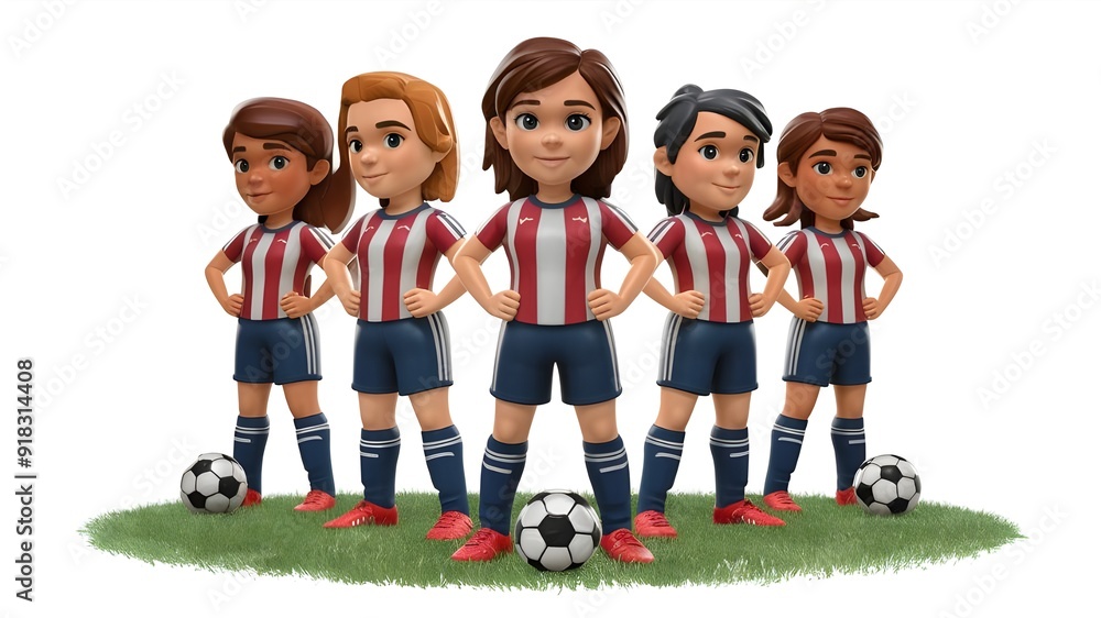 Third-dimension female football players. a little girl a football squad ...