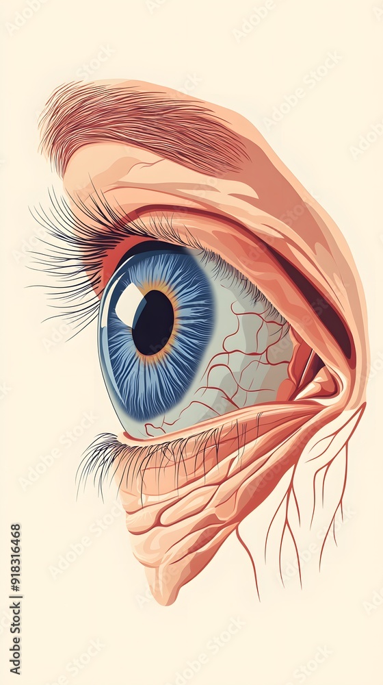 Detailed anatomical illustration of a human eye with surrounding ...