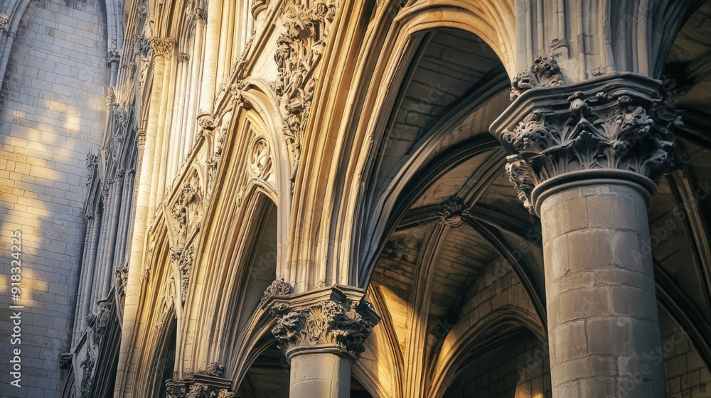 detailed gothic arches and flying buttresses, highlighting the ...