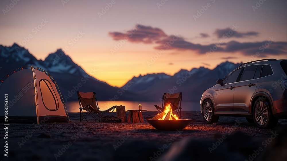 Car parked at a remote campsite, with a firepit, camp chairs, and a ...