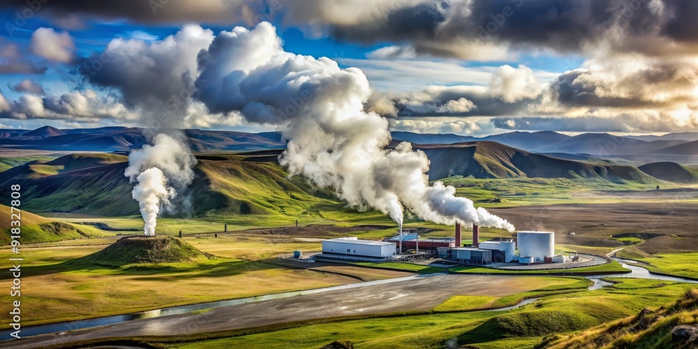 Icelandic Geothermal Power Plant Amidst Rolling Hills, Geothermal ...