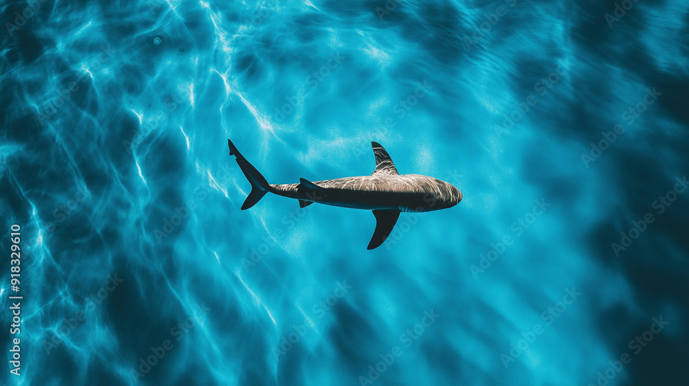 Prominent shark, with its distinctive shape and fins, swims gracefully ...