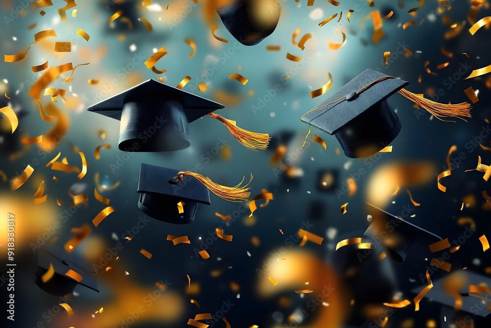 Flying awards confetti. Flying graduation caps with golden ribbons ...