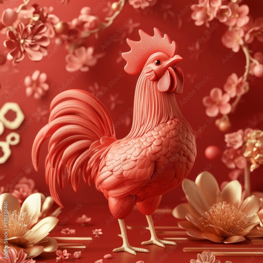 Chinese Zodiac Lively Red Rooster in 3D Art: A Minimalist Chinese New ...
