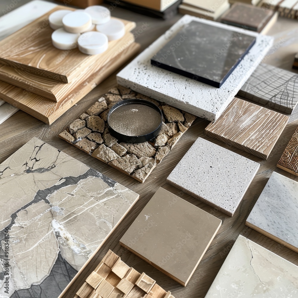 Curated mood board displaying interior material samples, featuring ...