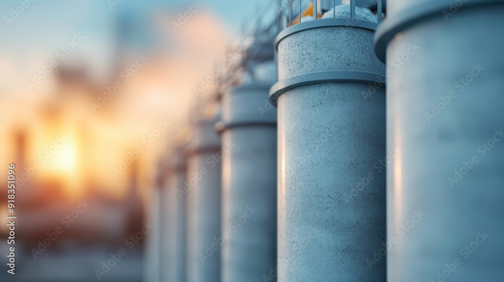 This photograph captures industrial gray concrete cylinders lined up in ...