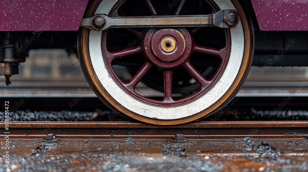 A detailed view of a train wheel resting on the railroad track ...