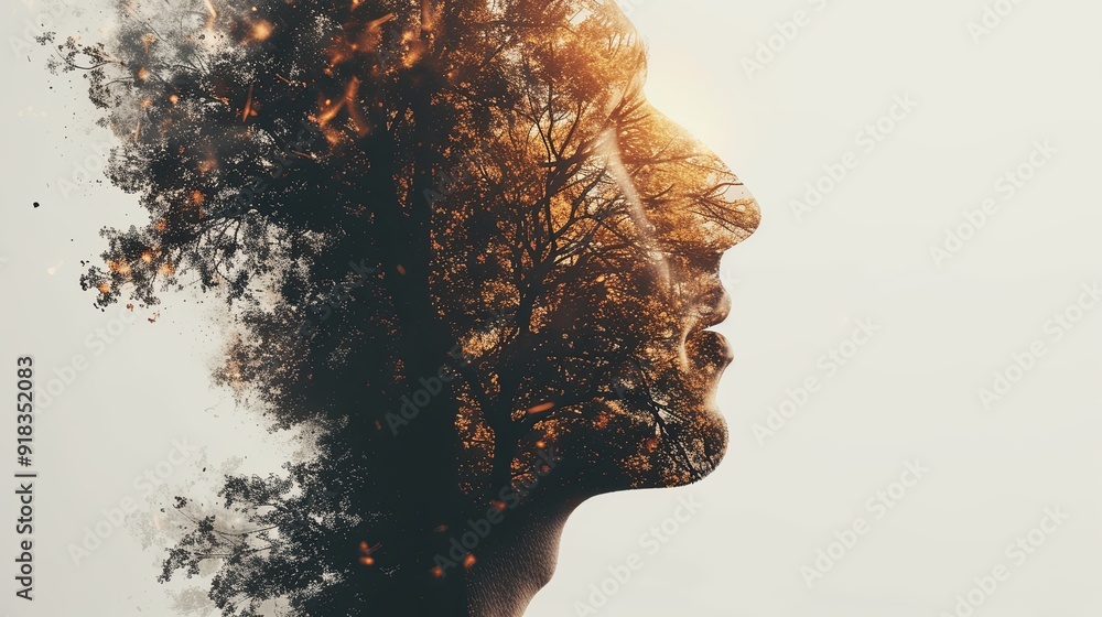 Double exposure combines a male face and a branching tree with green ...
