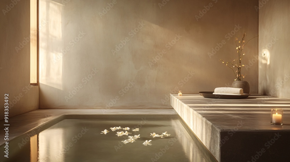 A minimal spa bath, featuring a large stone basin filled with warm ...