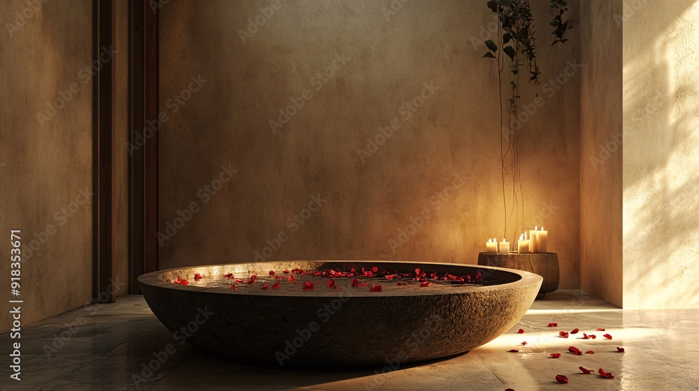 An intimate spa setting with a minimalist design, featuring a large ...