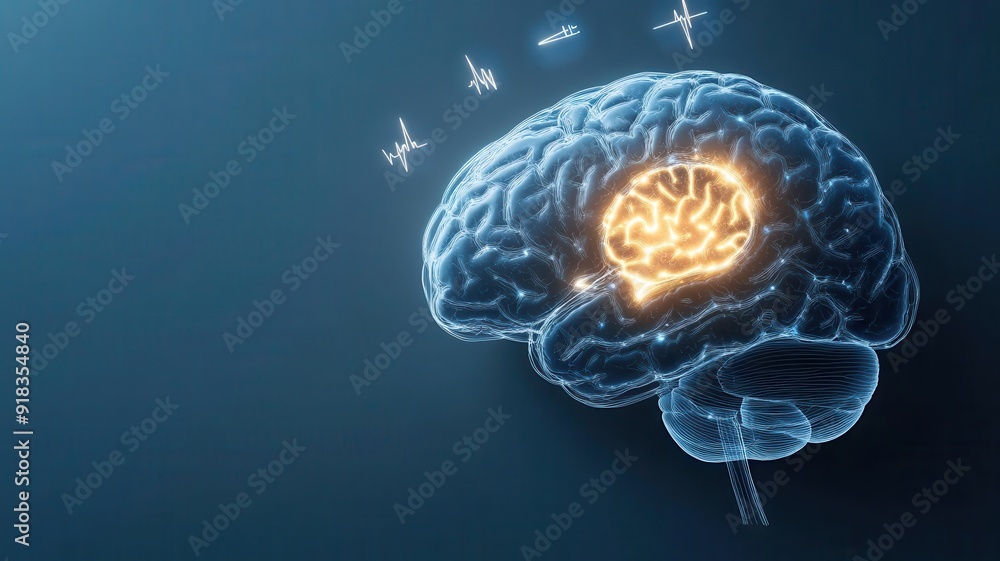 Cross-section of brain with glowing stroke area and symptoms floating ...