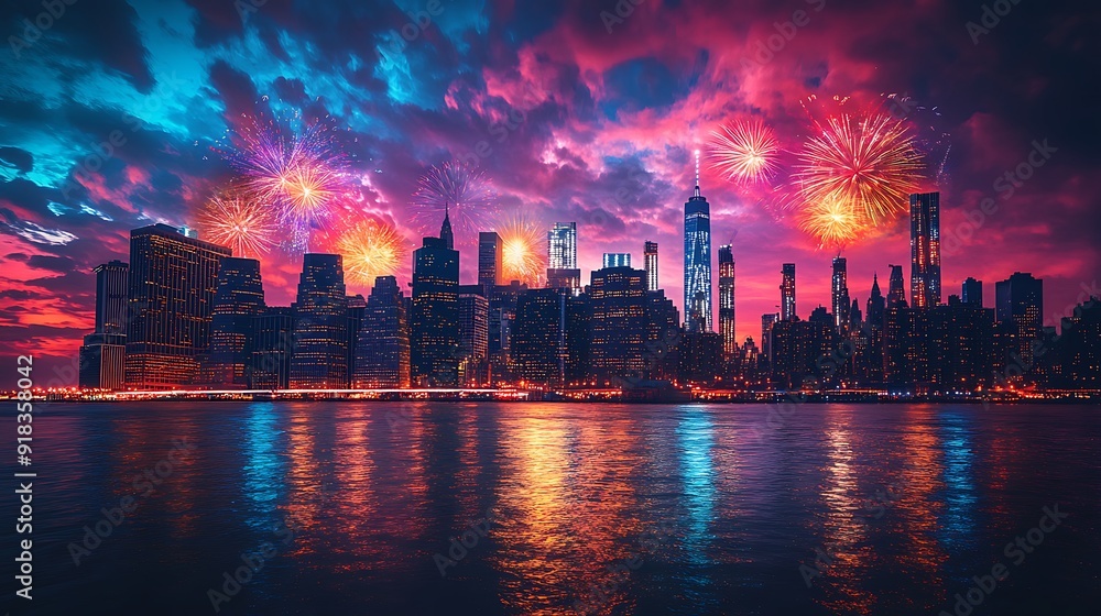 A grand finale fireworks show over a bustling city skyline with ...