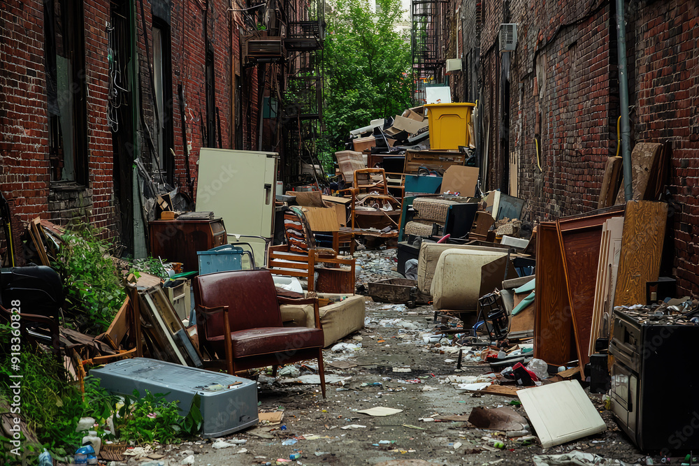 Overcrowded Alleyway Brims with Discarded Furniture, Amidst Brick Walls ...